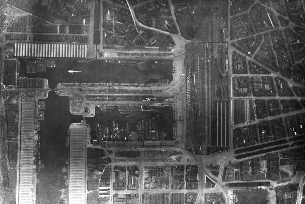 Aerial photograph of an urban area with harbour during WW1