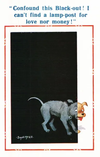 Comic postcard, dog looks for lamp post in blackout