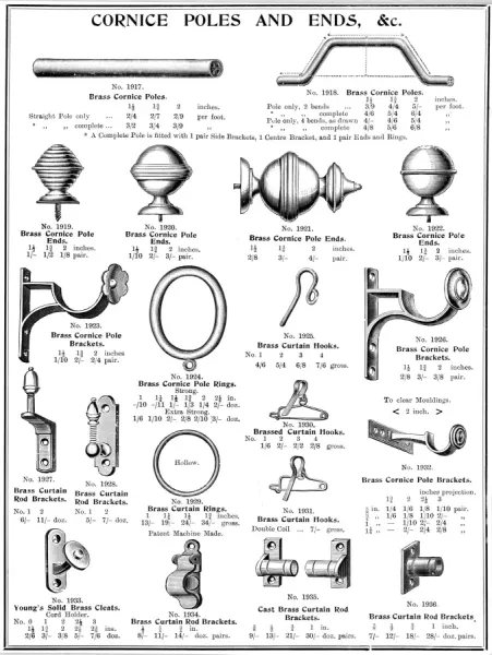 Cornice poles and ends; brass curtain hooks; cleats