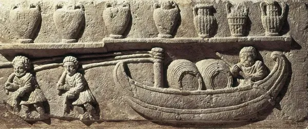 Gallo-Roman low-relief. Ferrying wine barrels and amphorae