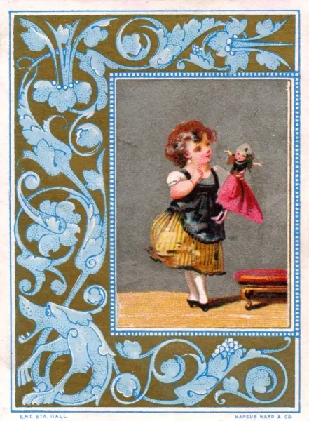 Girl and doll on a greetings card with a decorative border