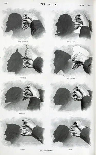 Hand shadows, showing famous figures in silhouette
