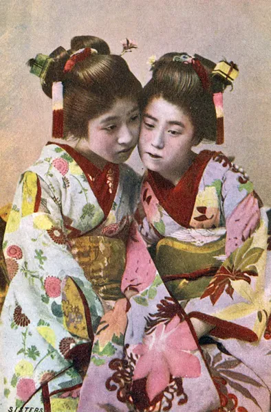 Japanese Geisha Sisters in lavishly-patterned kimonos Date