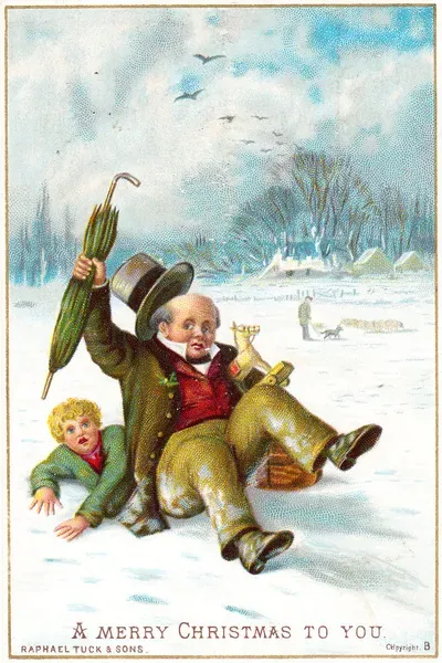 Man and boy falling over in snow on a Christmas card