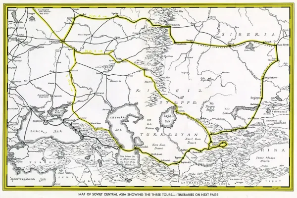 Map of Soviet Central Asia showing marked tour routes