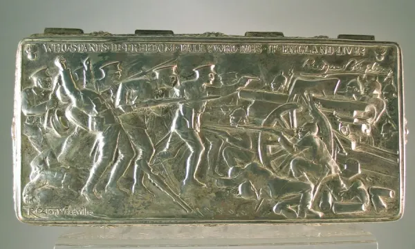 Silver plated cigarette box with battle scene, WW1