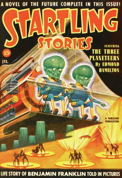 Startling Stories scifi magazine cover Green-headed Aliens