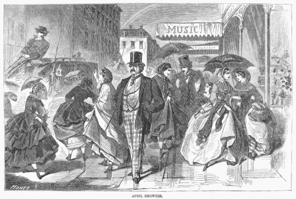 APRIL SHOWERS, 1859. Street scene in an American city