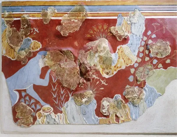 Fresco depicting light blue monkey picking saffron flowers