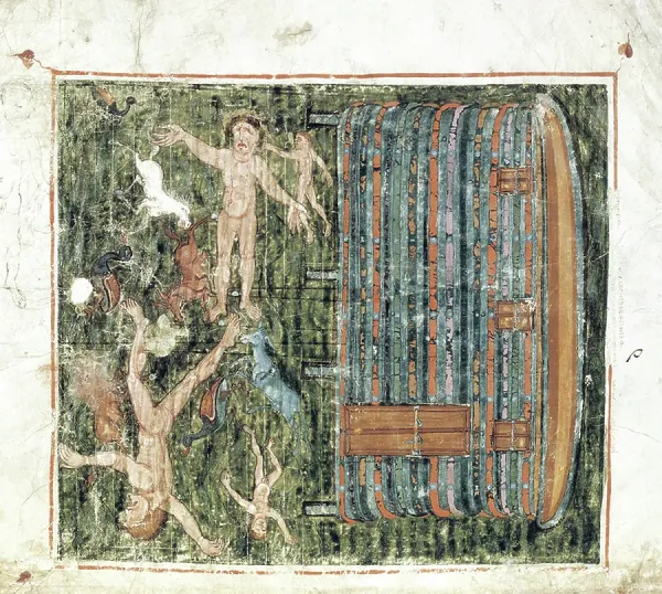 The deluge, miniature from the Pentateuch by Ashburnham