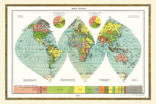 Framed Print of Old Map of the World 1951 - Media Storehouse